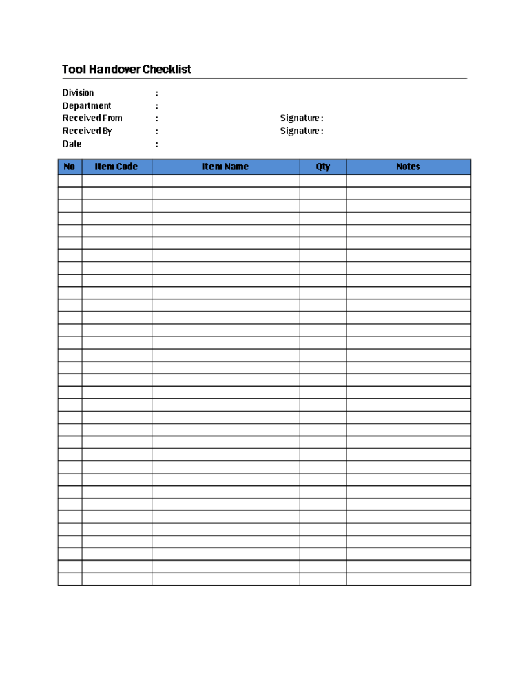 Tool Handover Checklist Templates At Allbusinesstemplates With 
